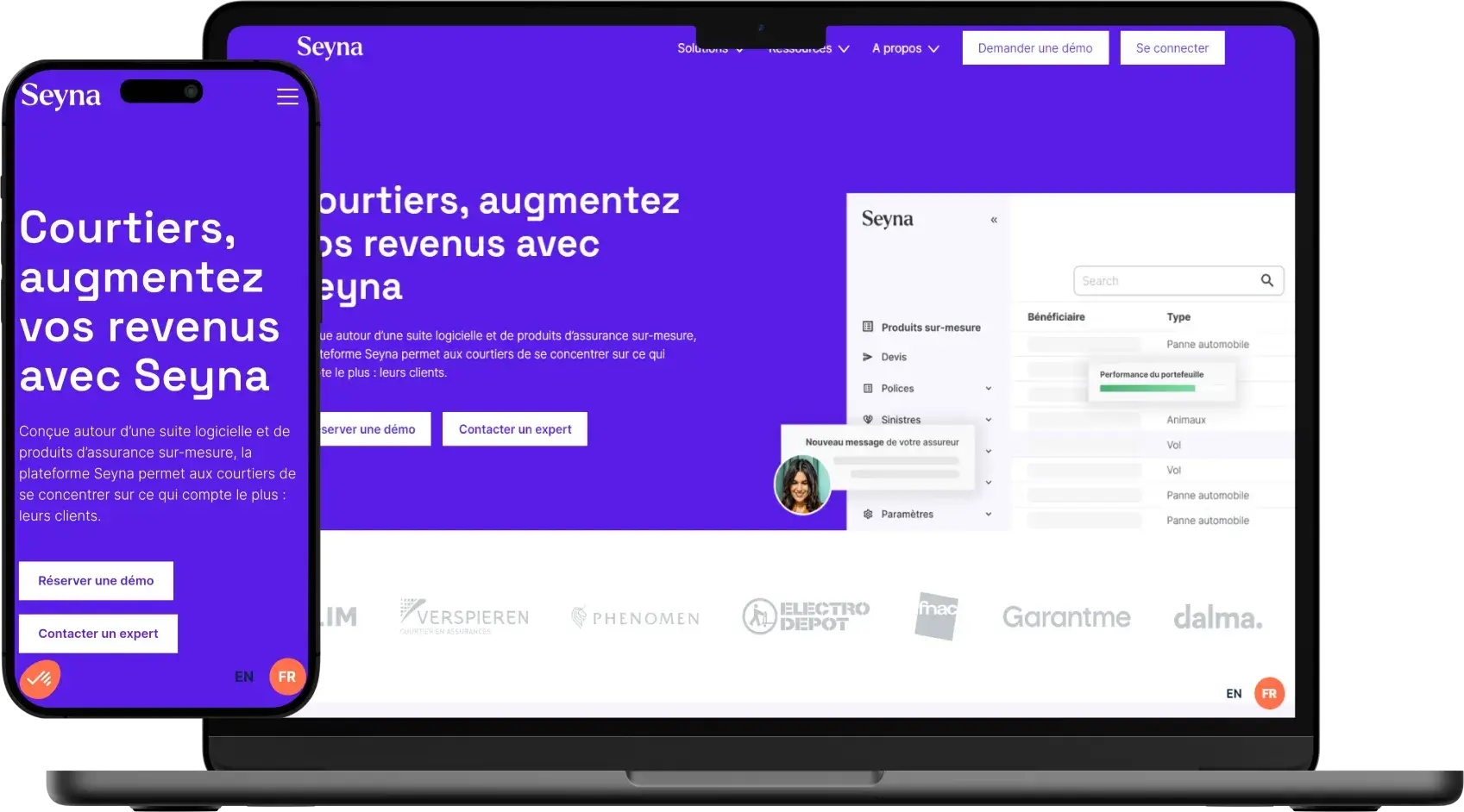 Projet Webflow Seyna - Suite de solutions SaaS pour les courtiers en assurance